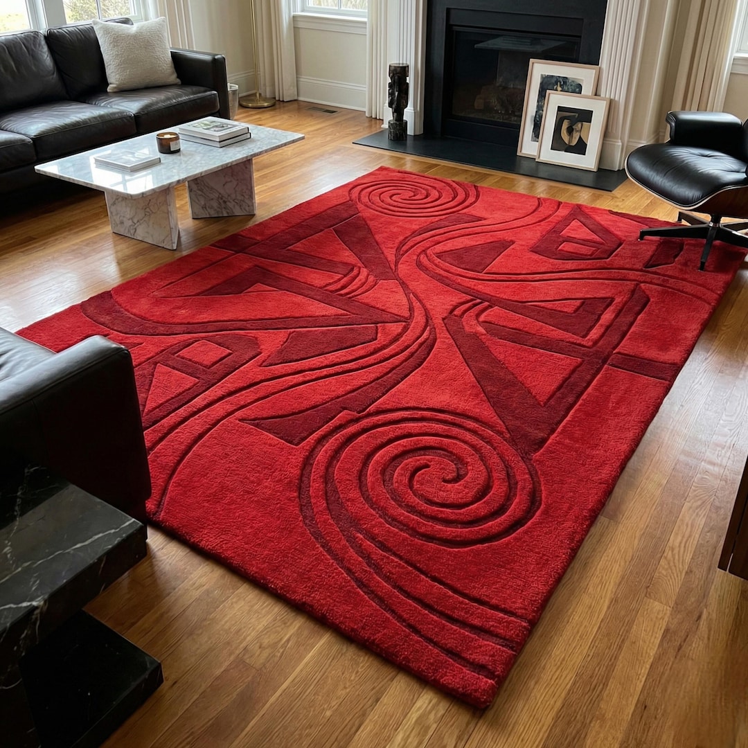 Red Abstract Area Rug for Living Room, Modern Geometric Swirl Carpet ...
