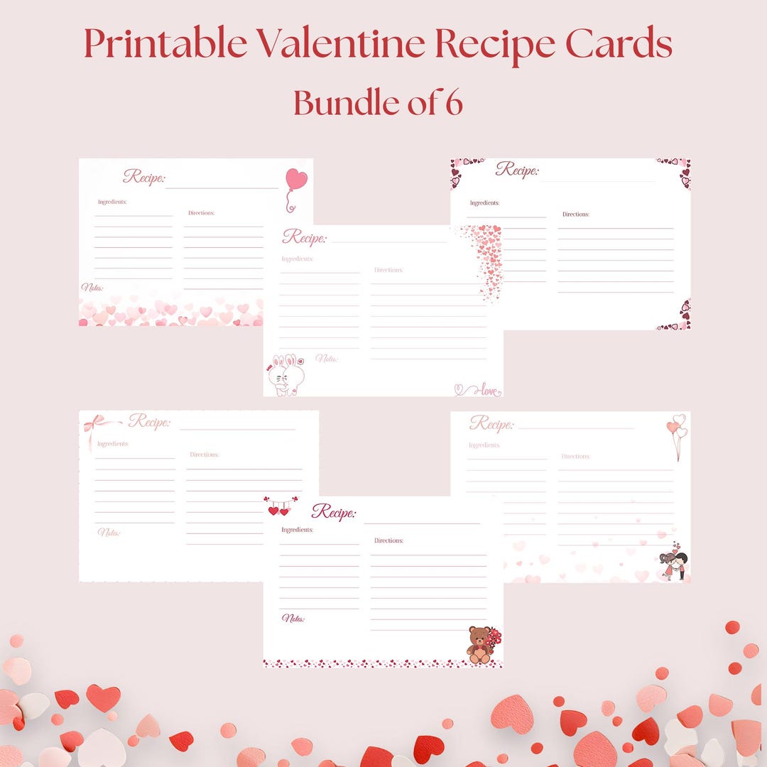 Printable Valentine Recipe Card Bundle – Six Minimal Kitchen Cards for ...