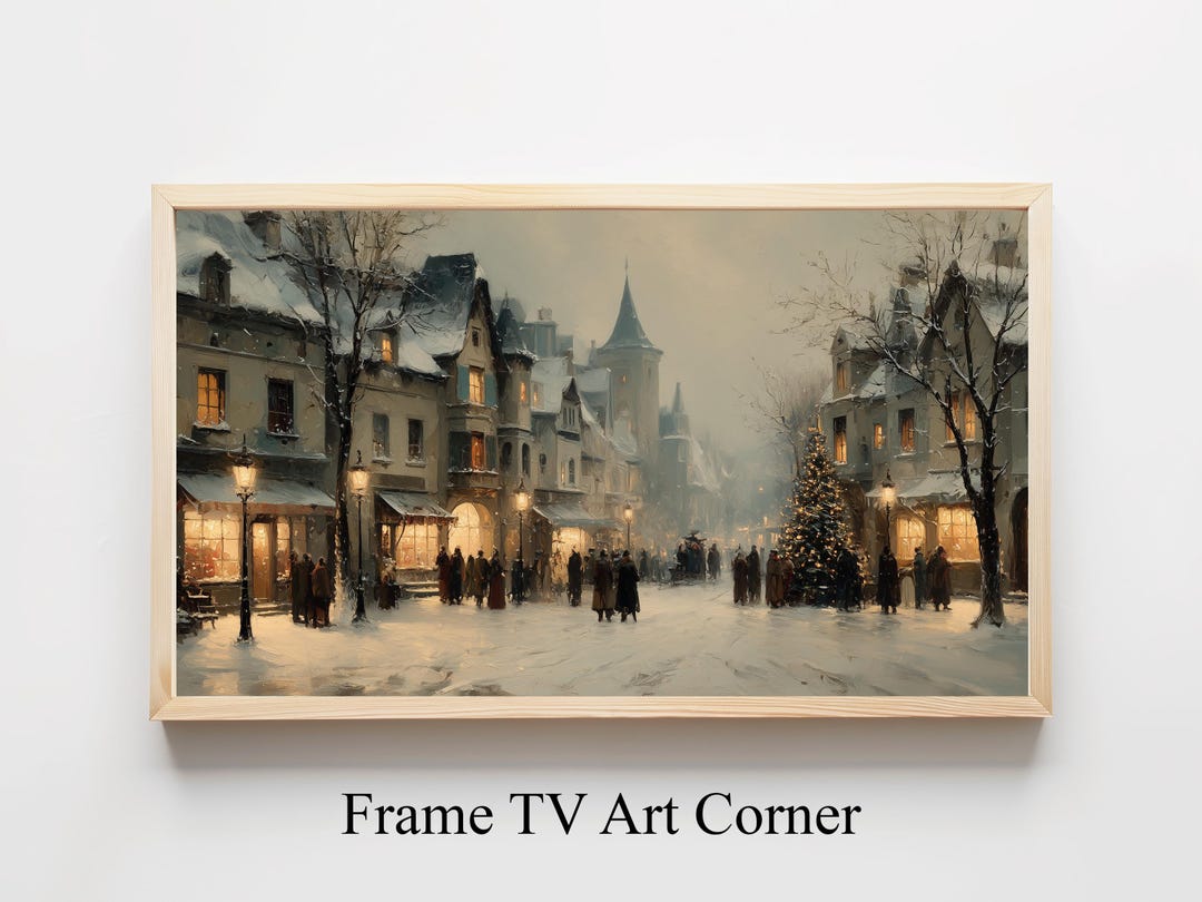 Vintage Christmas Village Street Frame TV Art, Festive Snowy Town Scene ...