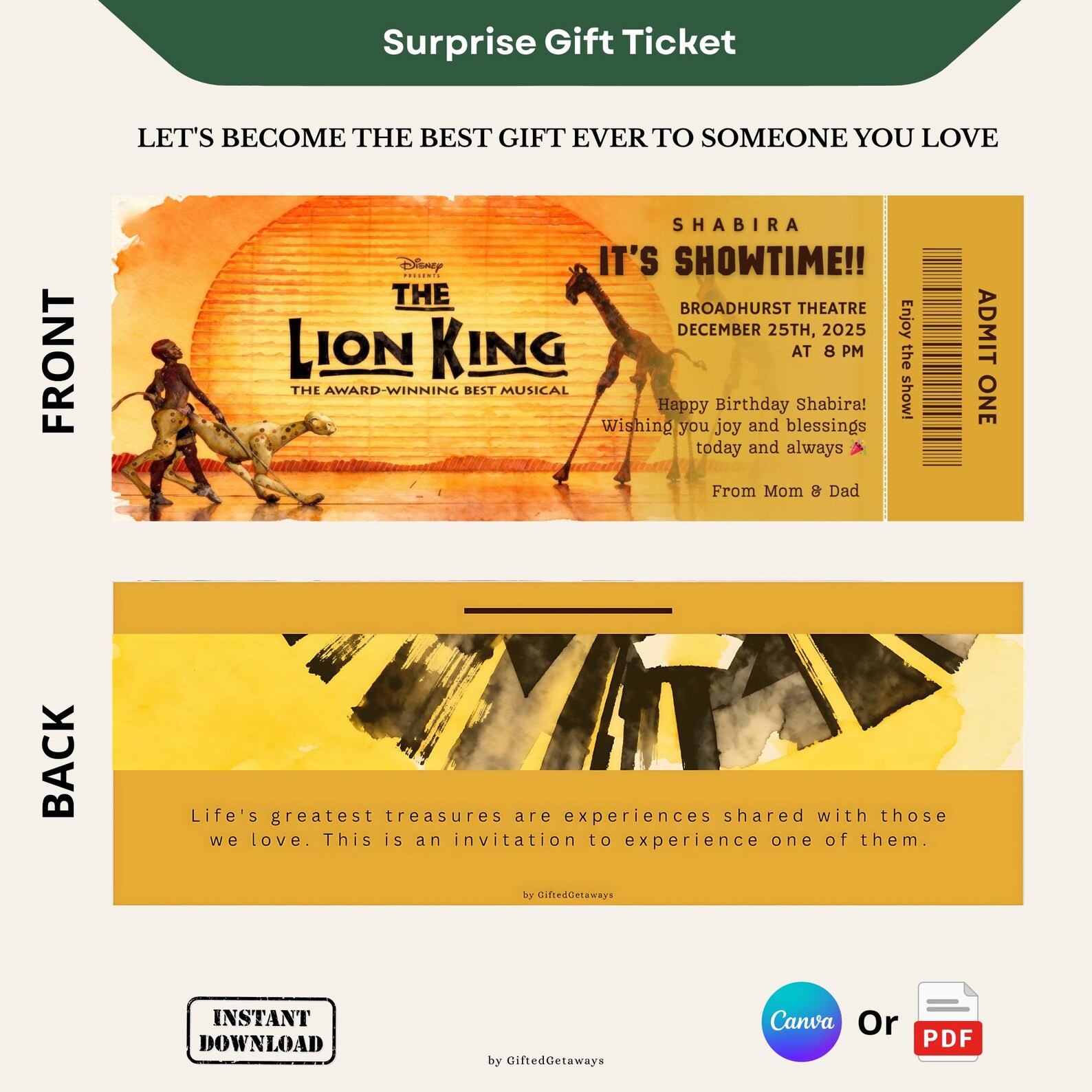 Printable the Lion King Broadway Ticket | Surprise Gift Reveal ...