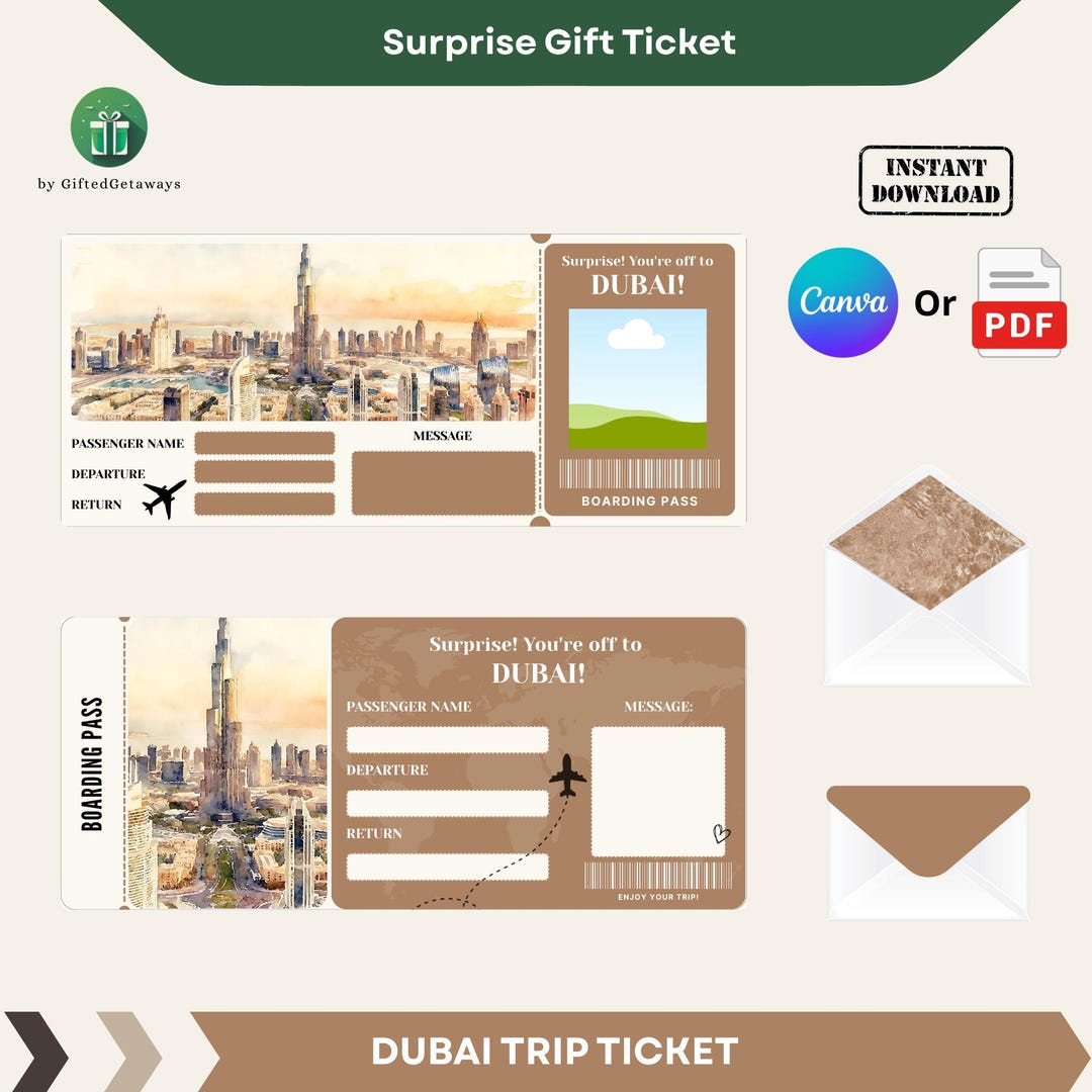 Printable DUBAI Trip Surprise Ticket | DUBAI Boarding Pass | Vacation ...