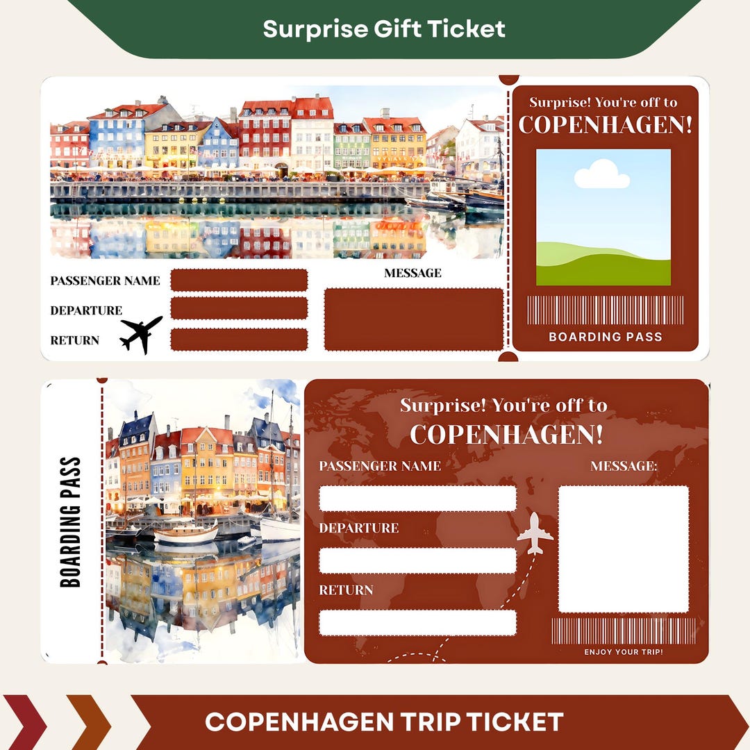 Printable COPENHAGEN Trip Ticket | Surprise Vacation Reveal | Boarding ...