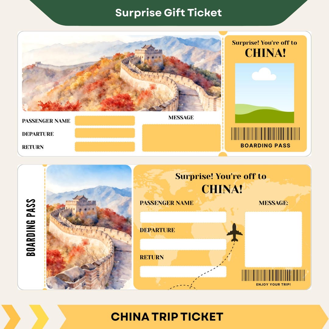 Printable CHINA Trip Ticket | Surprise Vacation Reveal | Boarding Pass ...