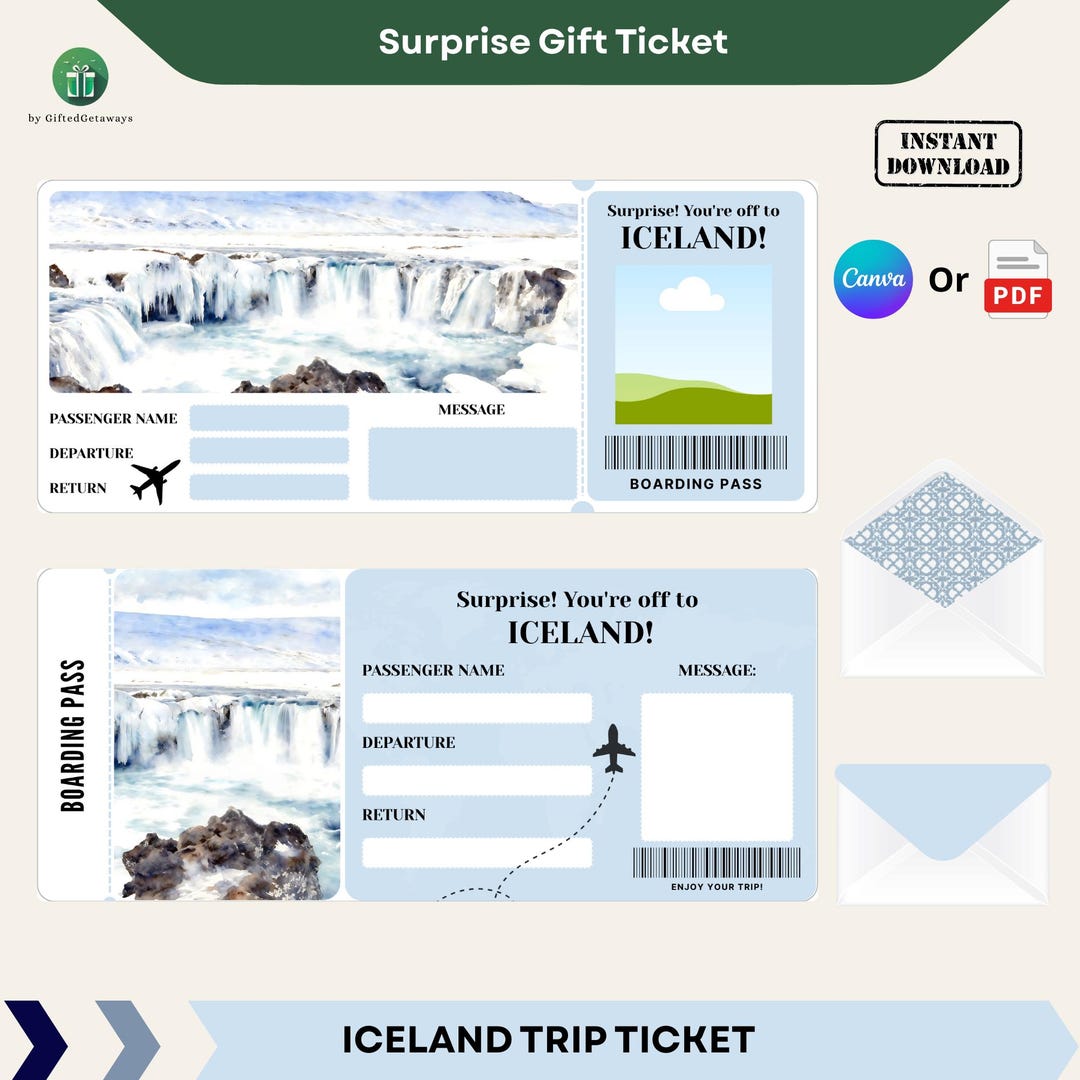 Printable ICELAND Trip Ticket | Surprise Vacation Reveal | Boarding ...