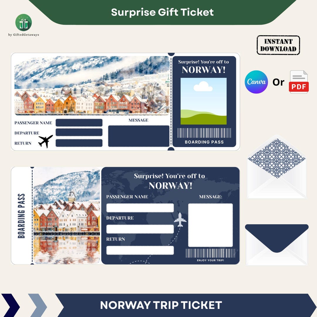 Printable NORWAY Trip Ticket | Surprise Vacation Reveal | Boarding Pass ...