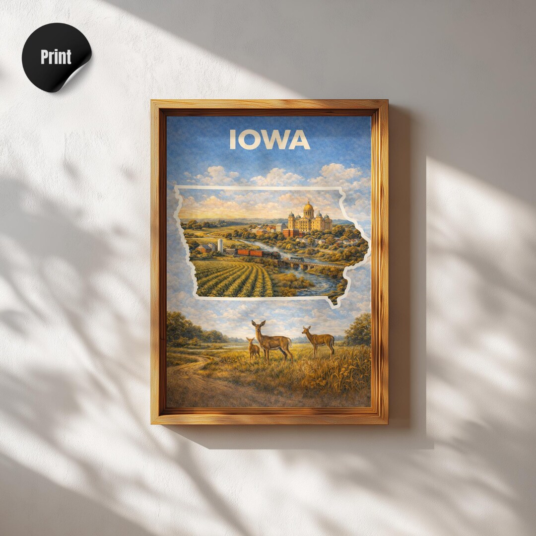Iowa Poster, Iowa Wall Art, Iowa State Map Print, Vintage Travel Decor ...