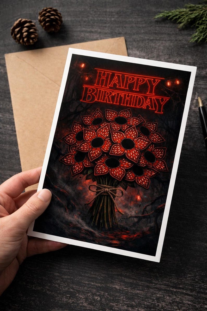 Carte d'anniversaire inspirée de ST Demogorgon | bouquet de fleurs ...