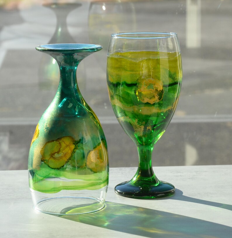 Hand Painted Goblets 12 Oz. Green, Yellow, Metallic Gold. - Etsy