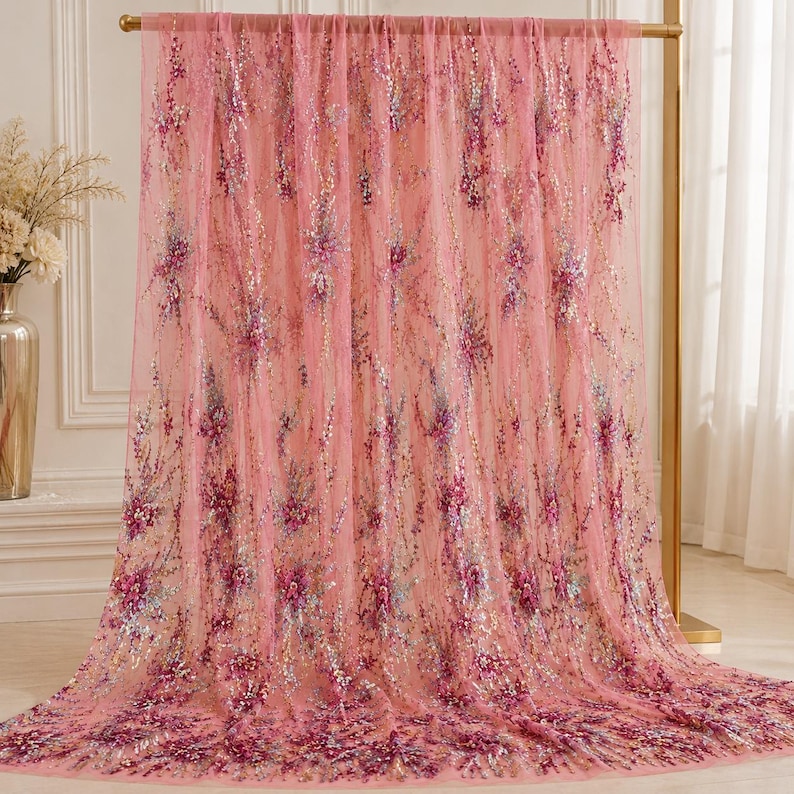 Pink Multicolor Sequin Lace Fabric by Yard | Iridescent Floral ...