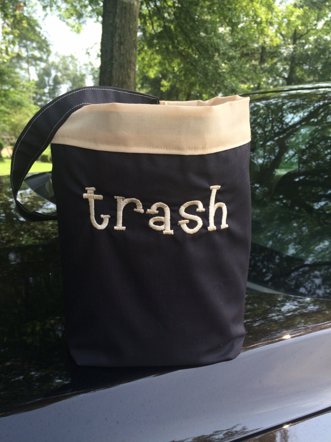 Car Trash Bag . Custom Made in Any Color or Print . Black With Tan Band ...