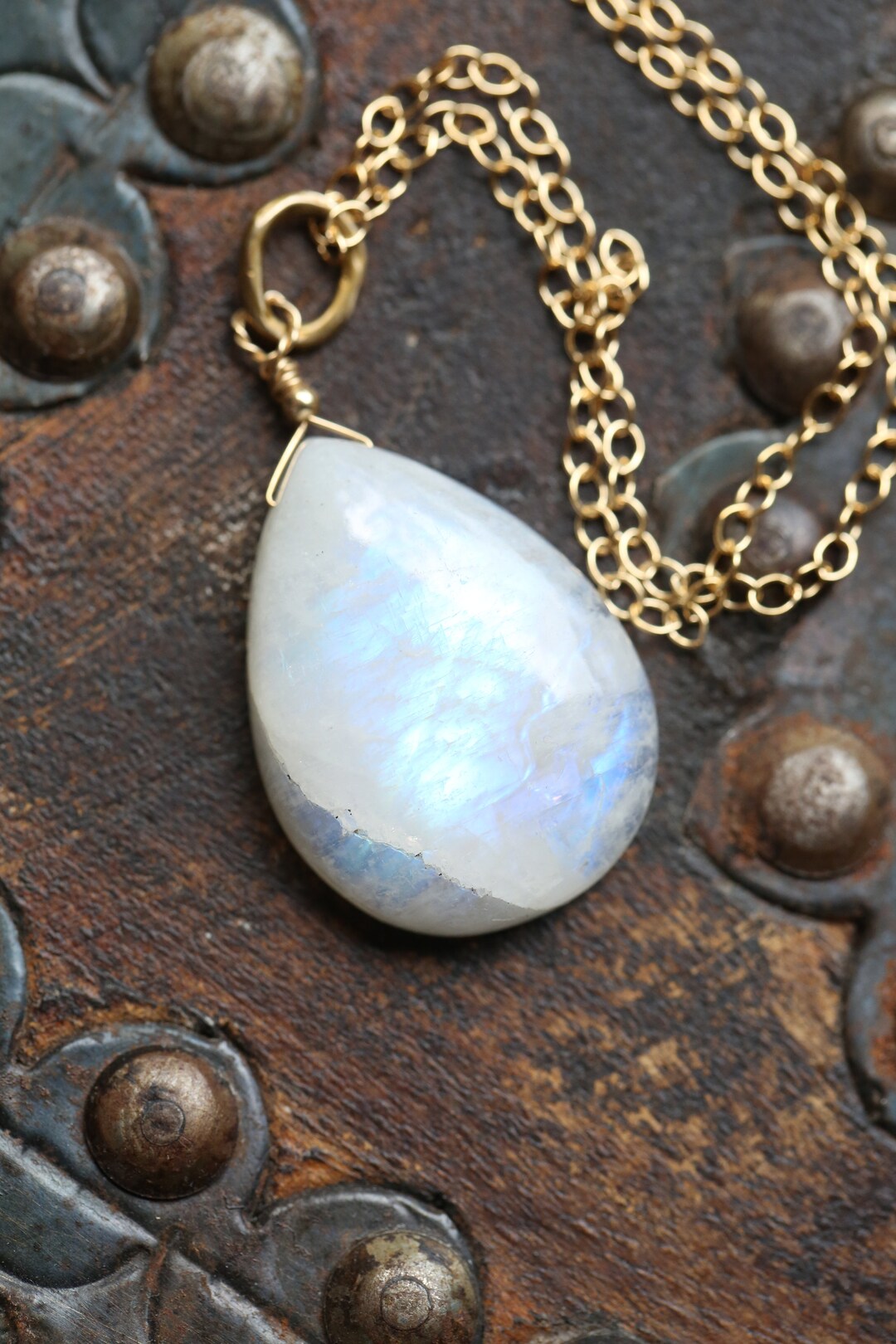 Large Rainbow Moonstone Necklace Gold Filled, Statement Necklace With ...