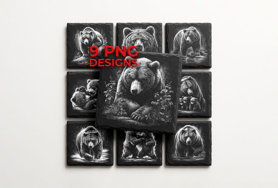 9 Bear Hunting Laser Engraving Files: Slate Coaster PNG Designs ...