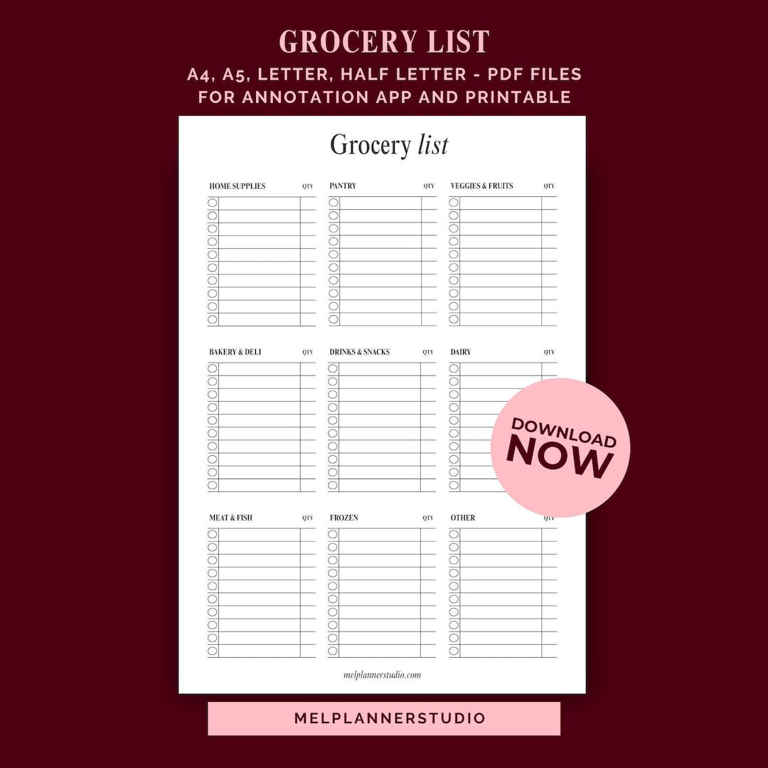 Printable Shopping List, Grocery List, A4, A5, Letter, Half Letter, Instant Download - Etsy