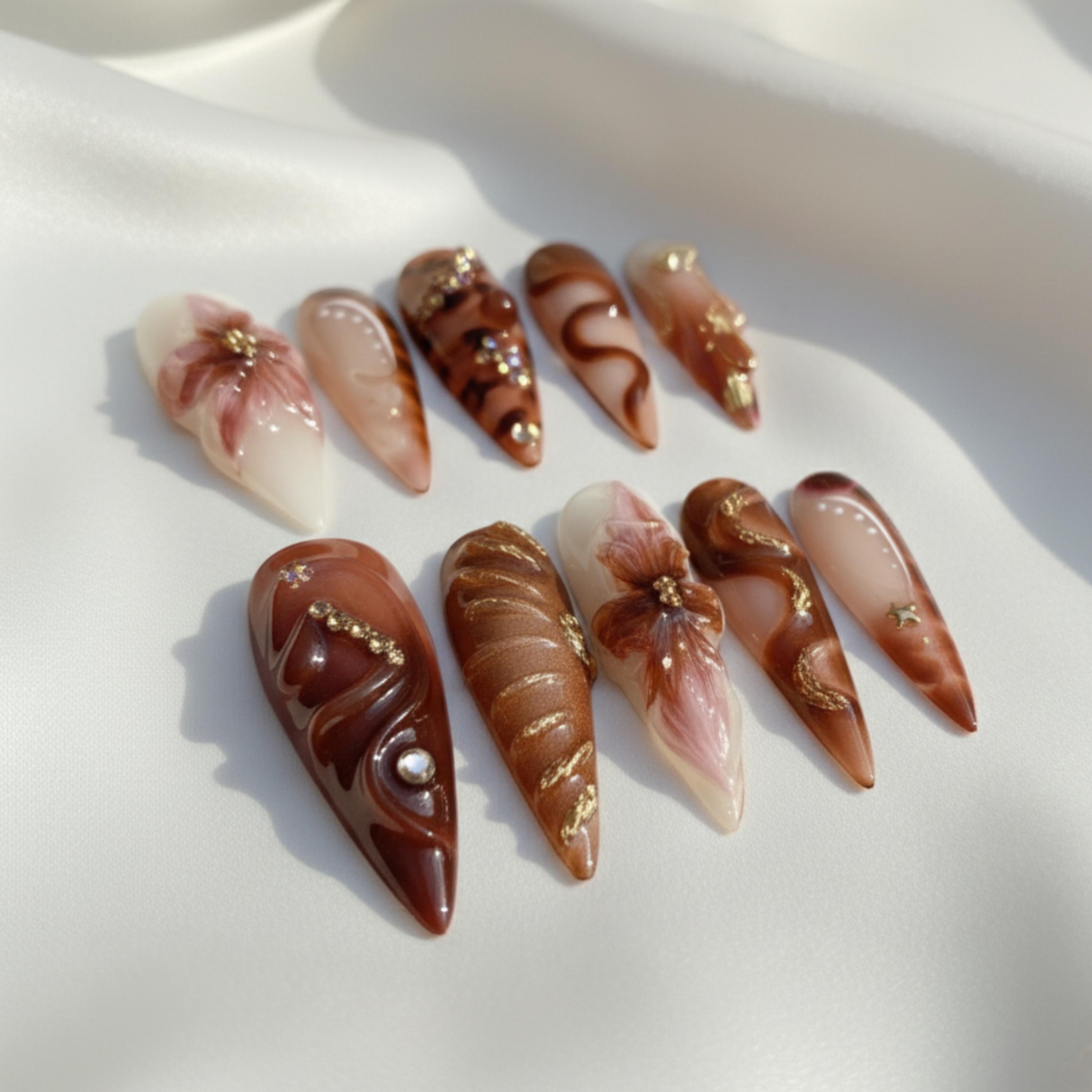 Fall Press on Nails With 3D Floral and Cherry Accents, Long Almond ...
