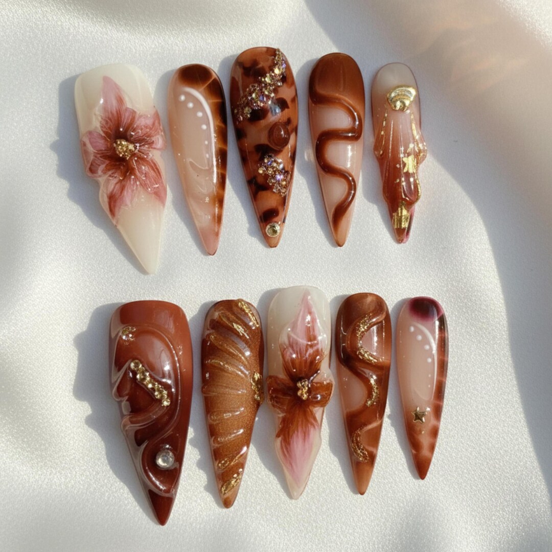 Fall Press on Nails With 3D Floral and Cherry Accents, Long Almond ...