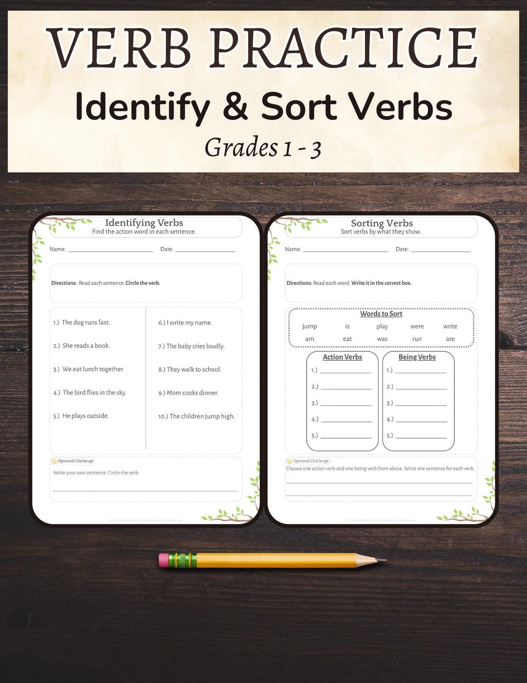 Verb Practice Worksheets | Identify & Sort Verbs | Grades 1–3 Grammar ...