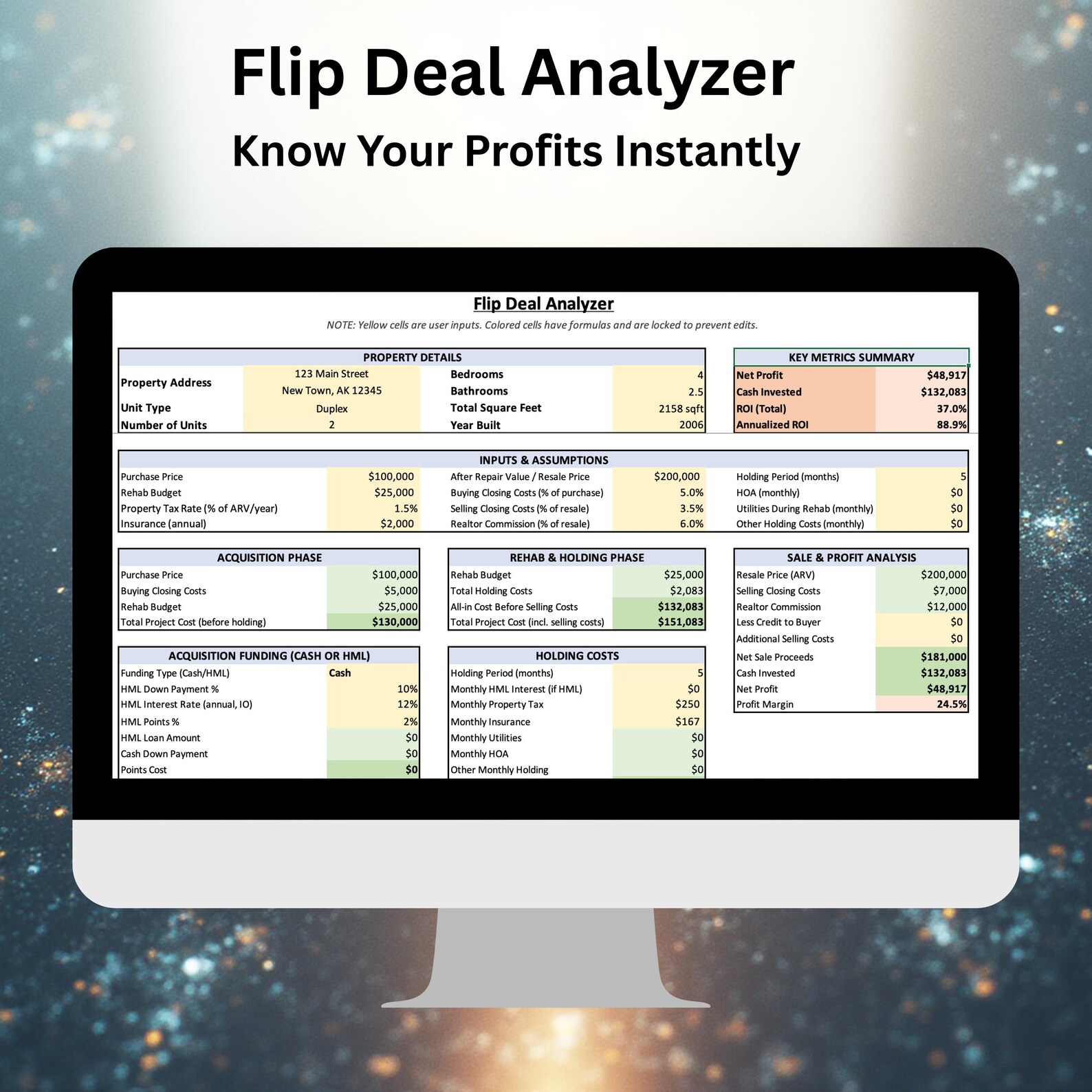 House Flip Deal Analyzer Spreadsheet | Rehab & Profit Calculator | ROI ...