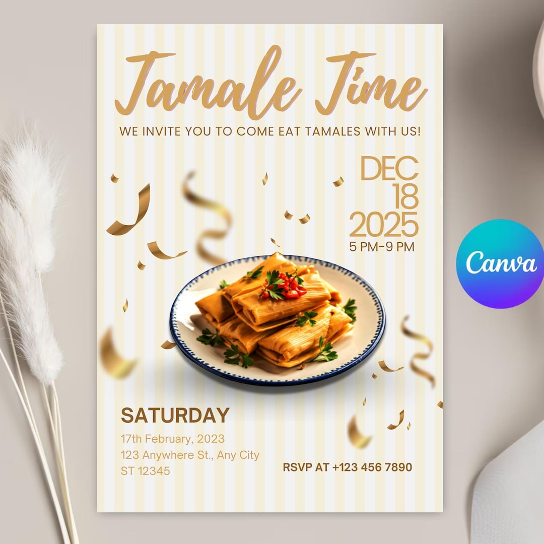 Tamale Time Invitation, Gold Christmas Fiesta, Editable Canva Template ...