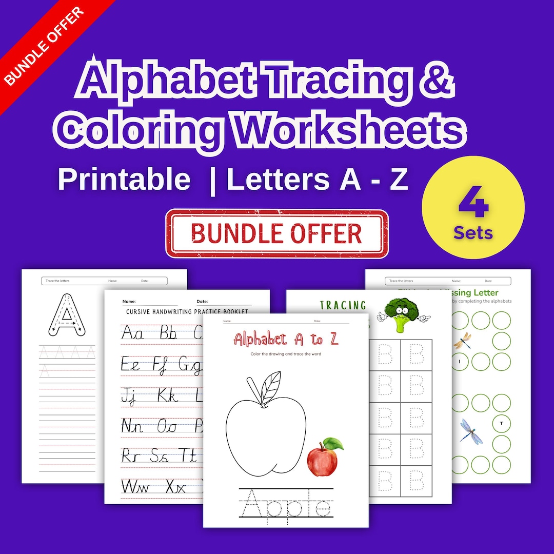 Alphabet Tracing and Coloring Worksheets Bundle, Letters A-Z ...