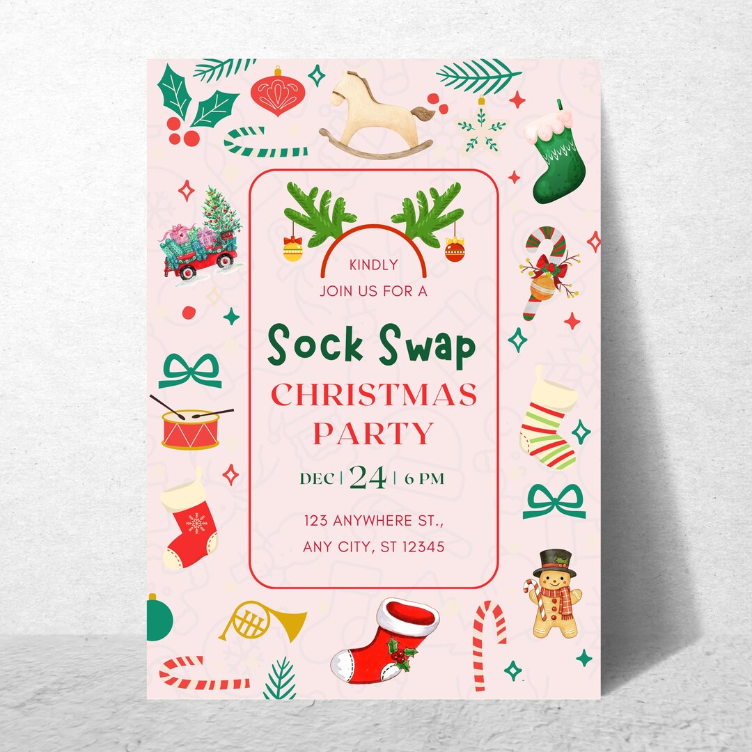 Editable Sock Swap Christmas Party Invitation, Sock Exchange Party ...