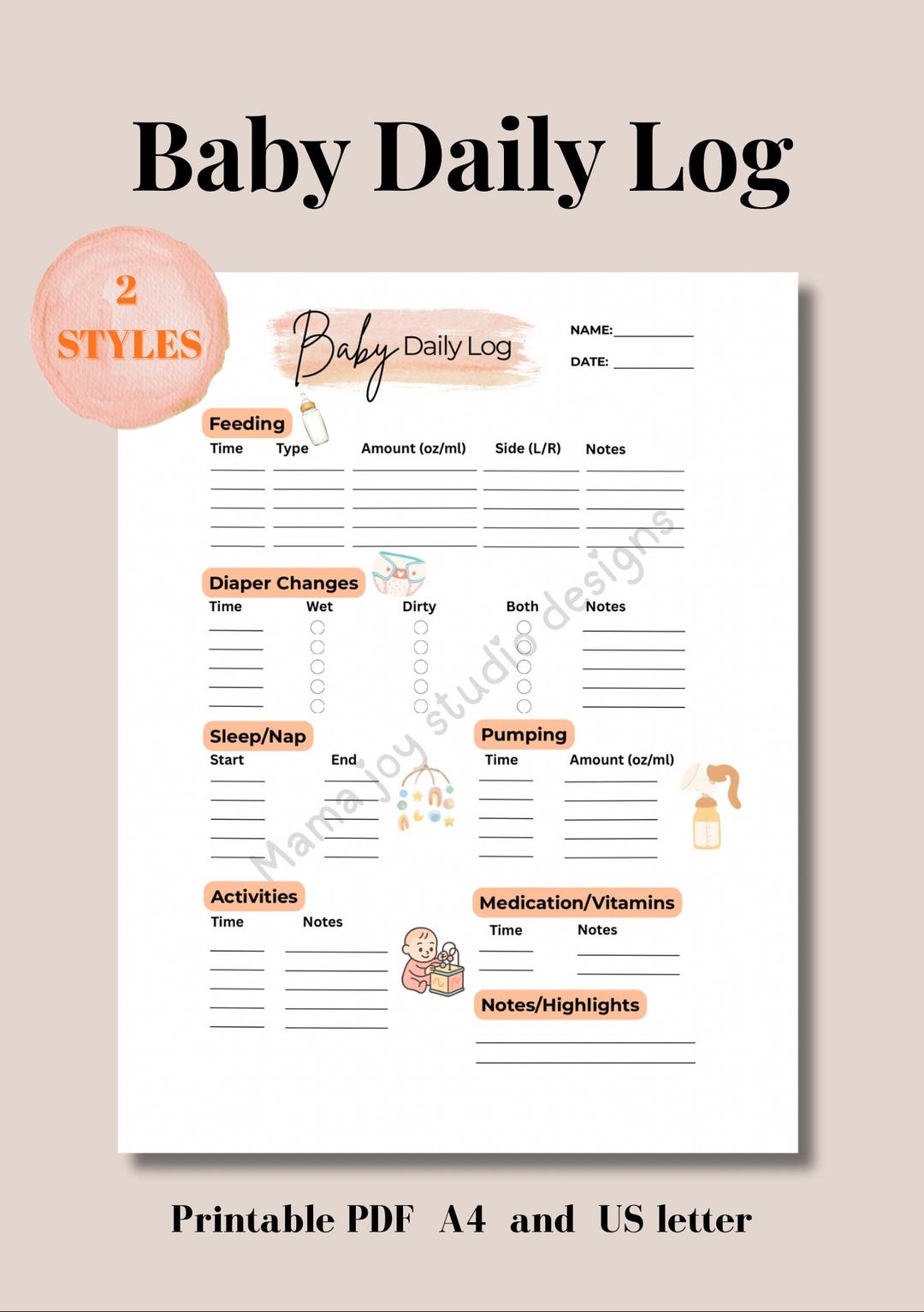 Baby Daily Log Printable | 2 Styles | A4 + US Letter PDF | Newborn ...