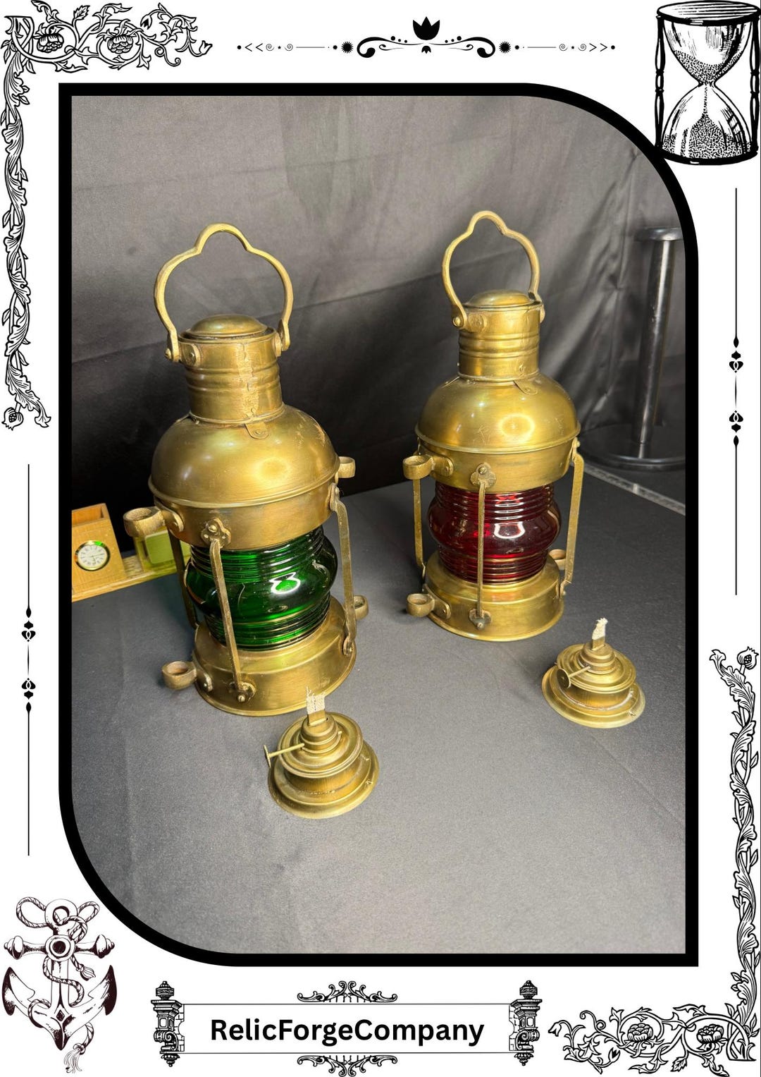 Set of 2 Vintage Style Nautical Oil Lamps | Red & Green Anchor Lanterns ...
