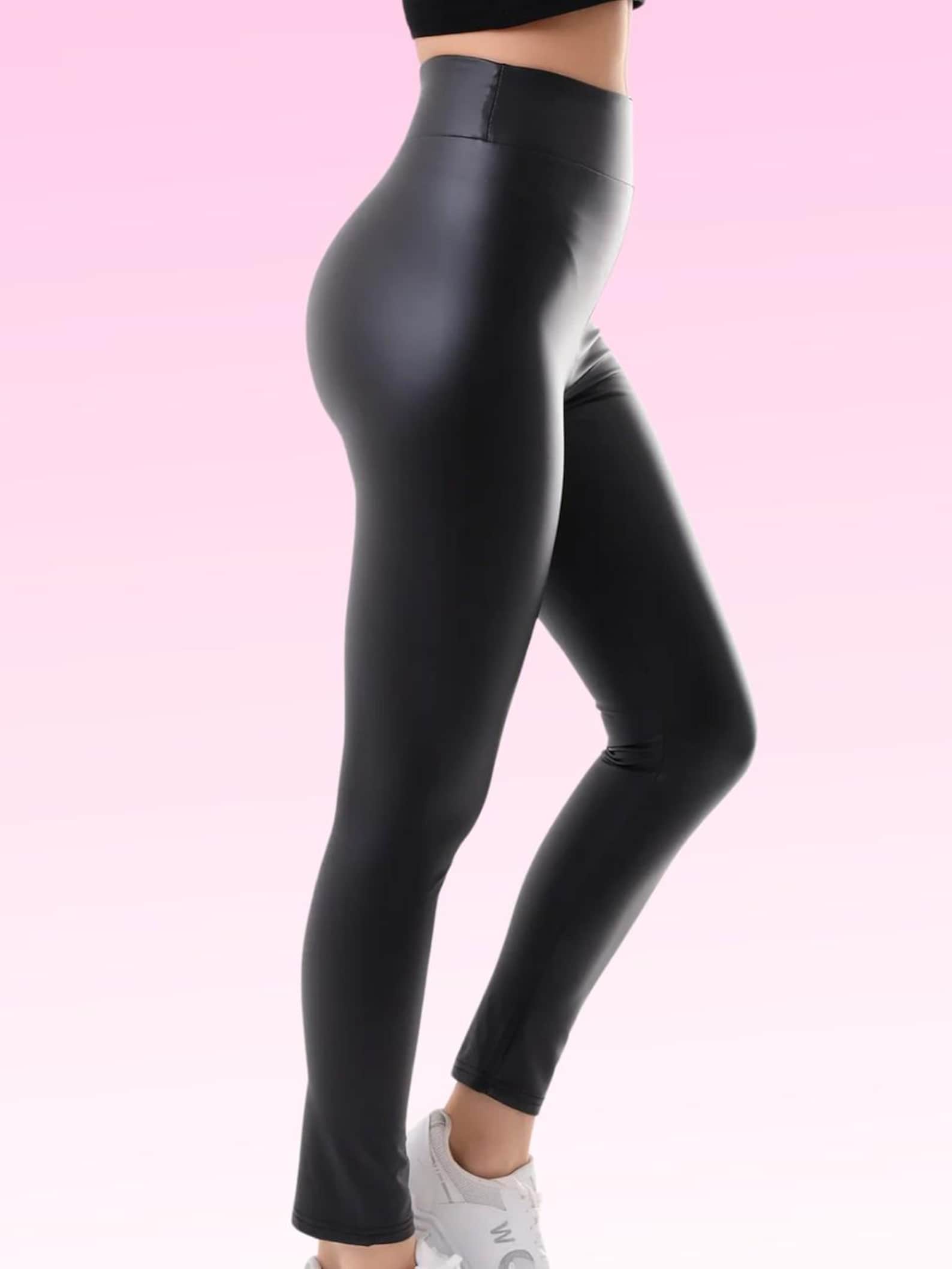 Calça legging de couro forrada com lã modeladora, cintura alta, para o ...