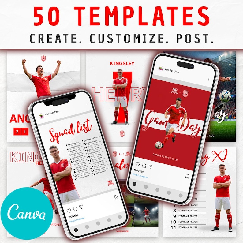 50 Football Canva Templates | Soccer Instagram Post Bundle | Match Day ...