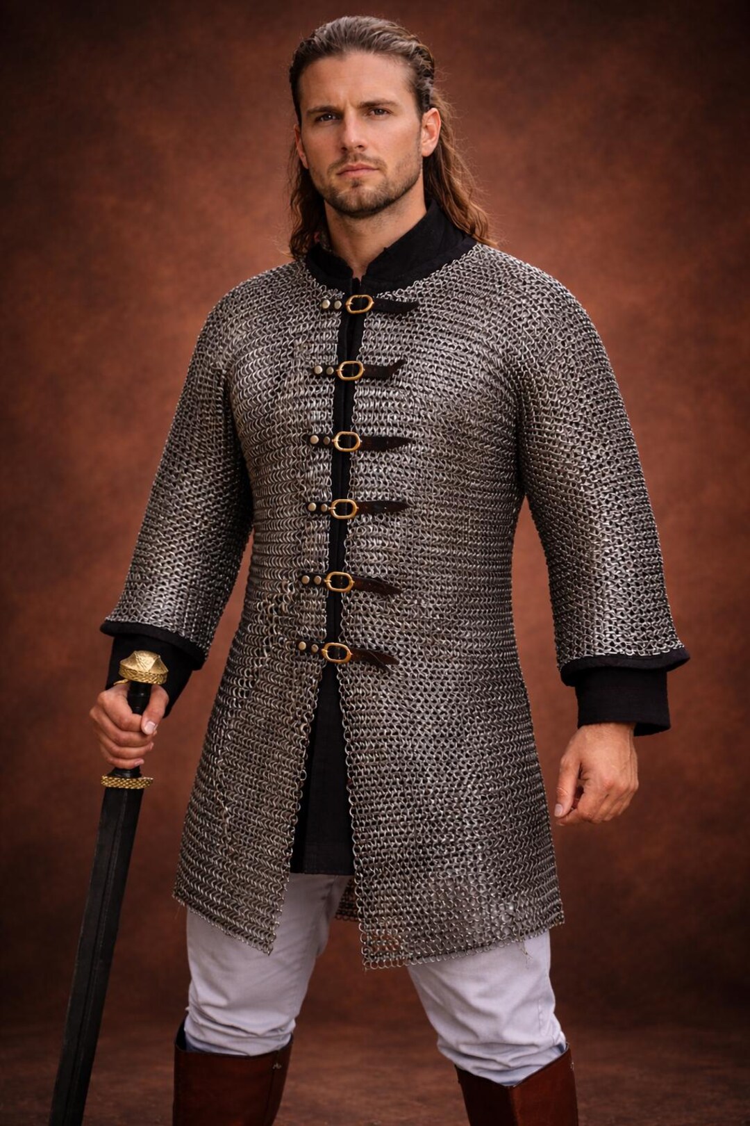 9mm 18G Medieval Mild Steel Chainmail Hauberk – Open Front Reenactment ...