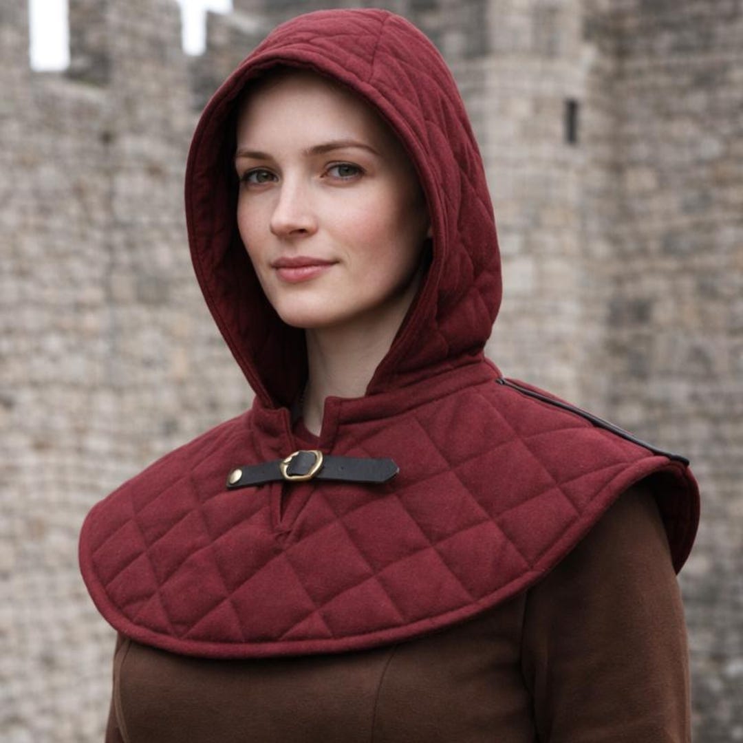 Burgundy Quilted Armor Hood – Medieval Gambeson Shoulder Mantle ...