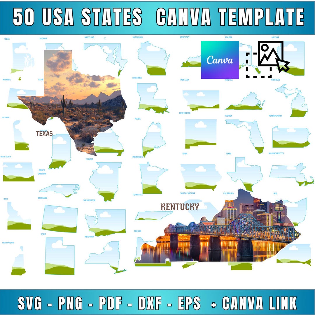 50 USA States Canva Frames Bundle | Editable US State Shapes | Svg Png ...
