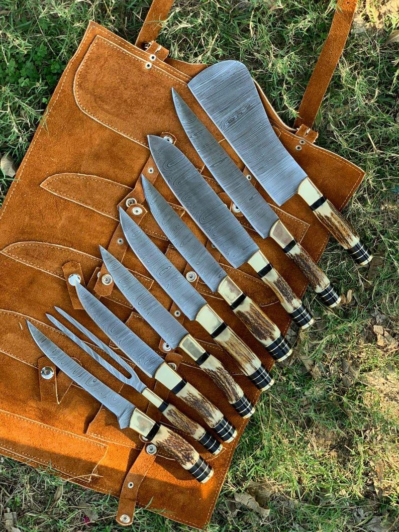 Handmade Damascus Steel Chef Knife Set, Deer Horn Handle, Leather Roll ...