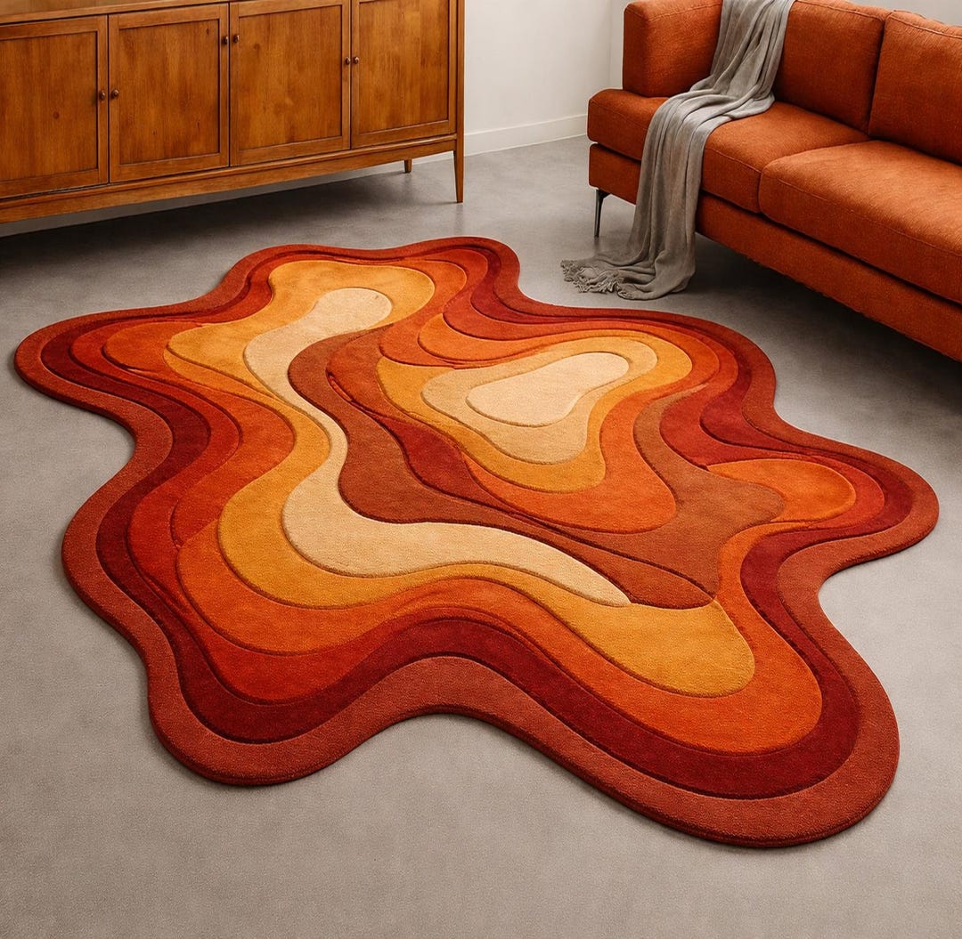Hand-tufted Wool Wave Rug, 70s Retro Orange Abstract Carpet - Etsy
