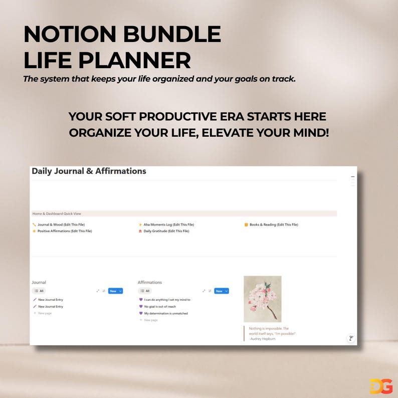 Aesthetic Notion Life Planner | Daily Journal, Affirmation & Goal ...