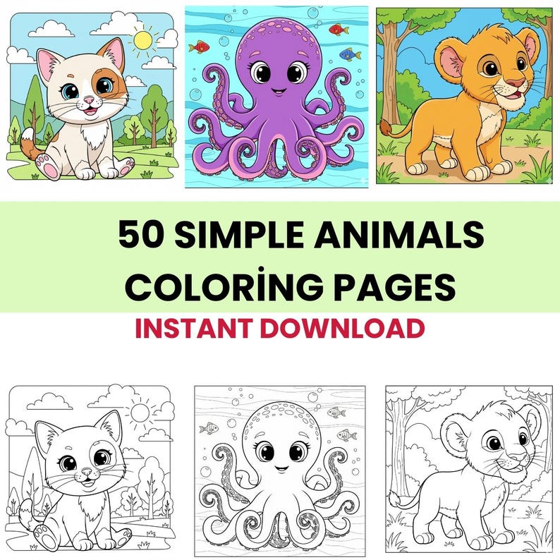 50 Simple Animals Coloring Pages Printable | Easy Zoo Farm Animals ...