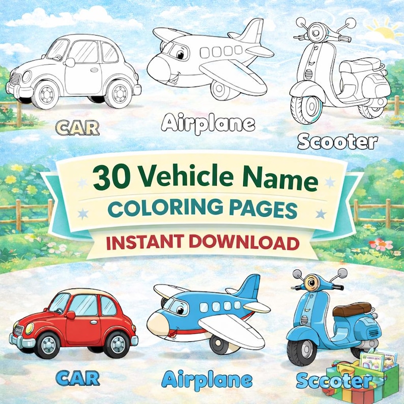 30 Vehicle Name Coloring Pages Bundle | Preschool Transportation ...