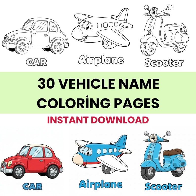 30 Vehicle Name Coloring Pages Bundle | Preschool Transportation ...