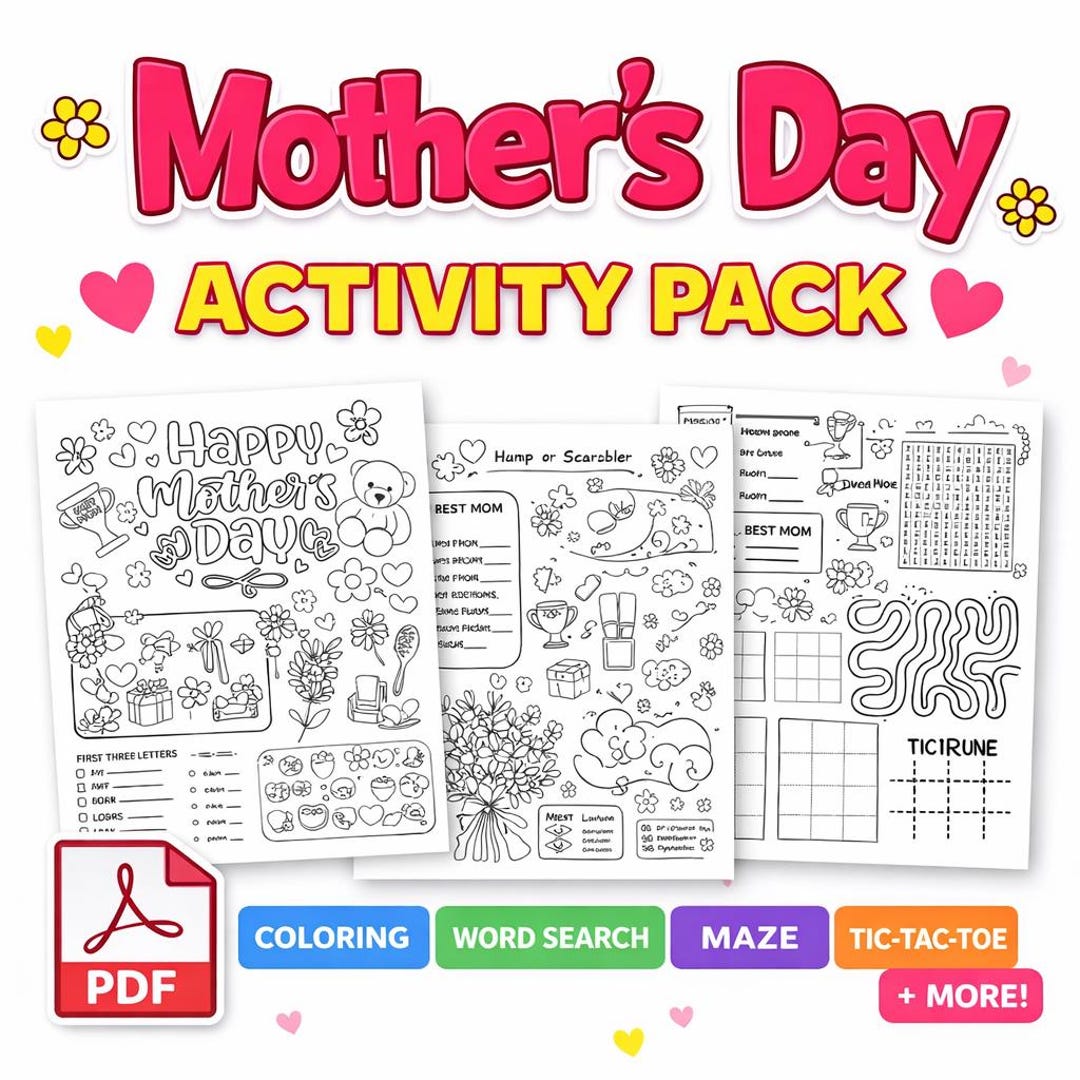 Mothers Day Activity Pack for Kids, Coloring Pages , Word Search , Maze ...