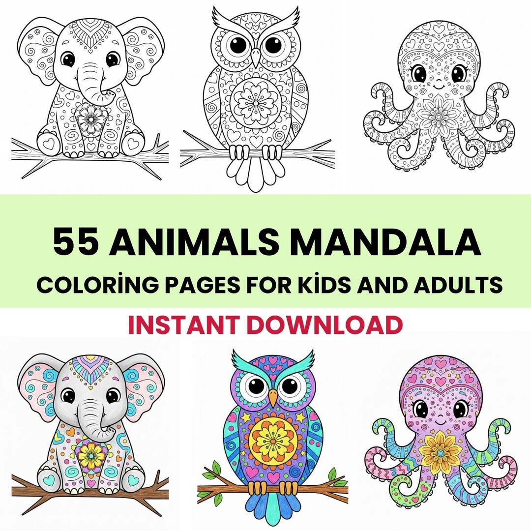 55 MEGA BUNDLE Animal Mandala Coloring Pages for Adults and Kids ...