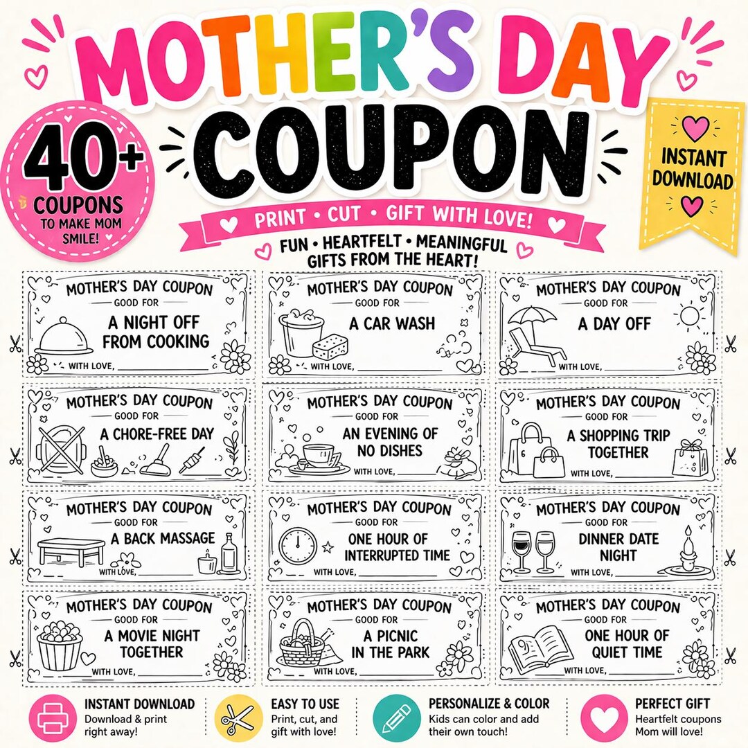 Mother's Day Coupon Printable Bundle, Kids Coloring DIY Gift (PDF ...