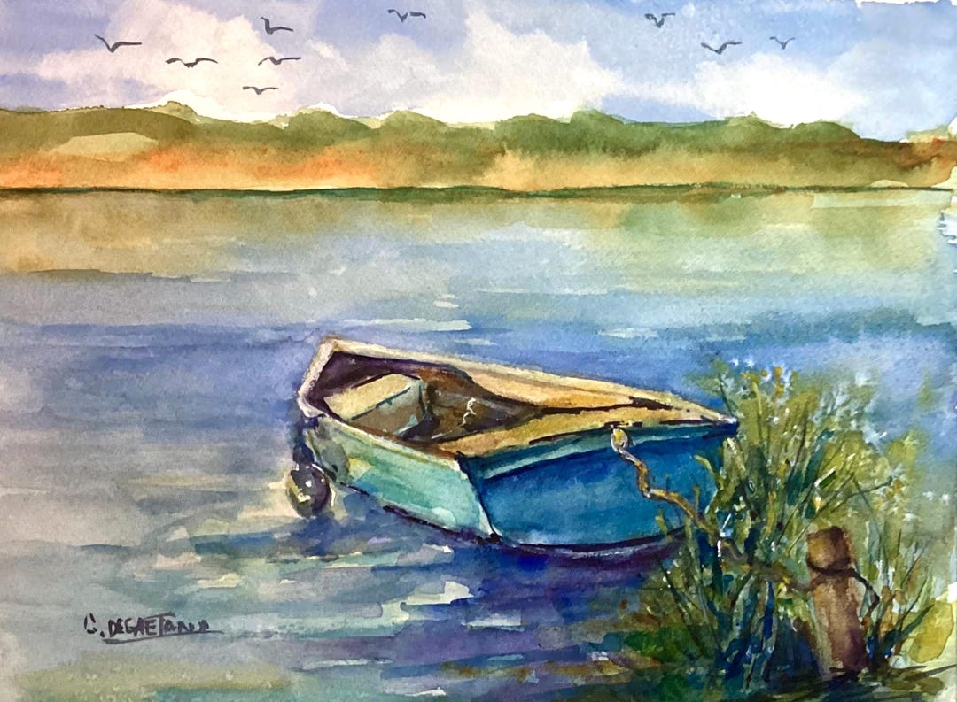 Watercolor Boat Painting, Docked Boat on Lake, Small Blue Boat Painting ...