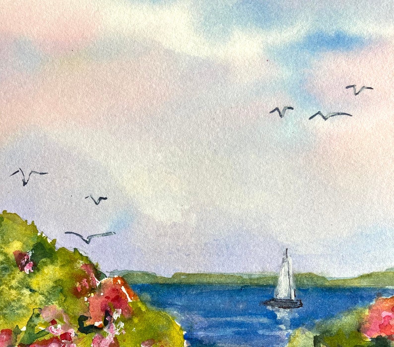 Watercolor Seascape Cape Cod Sand Dunes Original Watercolor Beach Roses ...