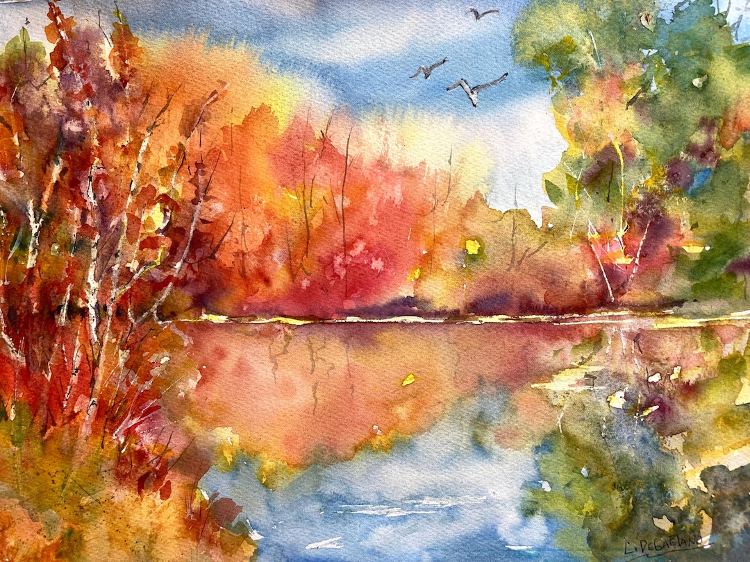 Watercolor Fall Reflections Original Art Autumn Landscape Wall Hanging ...