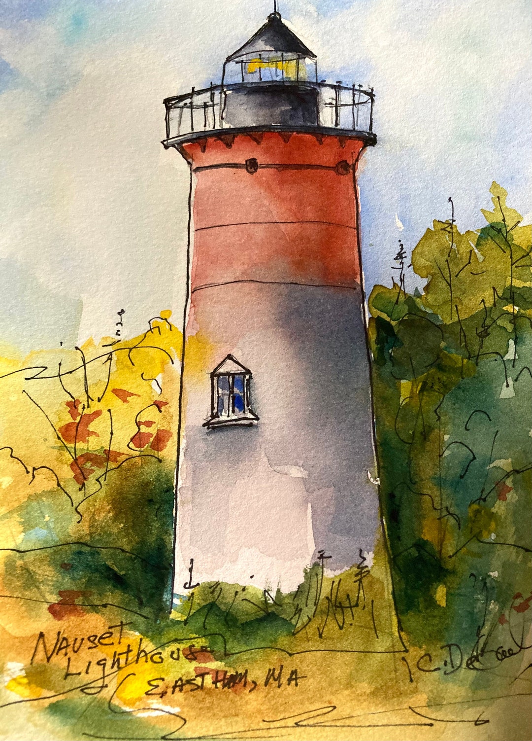 Nauset Lighthouse Watercolor Original Art Eastham Ma. Cape Cod Painting ...