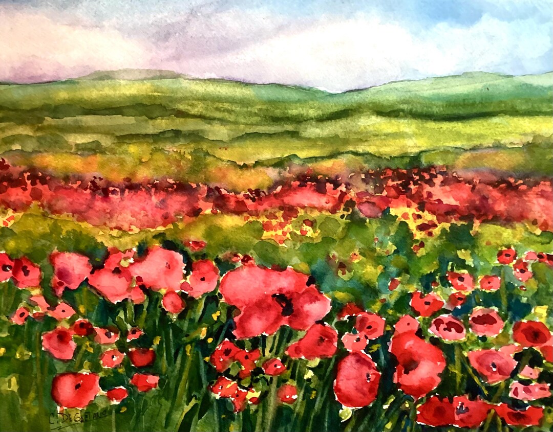 Poppy Field Watercolor Landscape, Original Watercolor, Red + Green ...