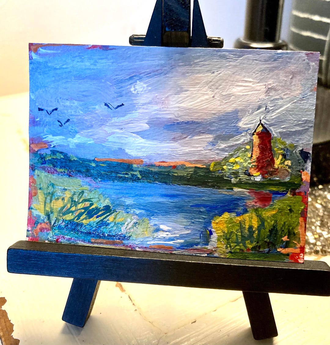 Mini Acrylic Lighthouse Painting With Easel Red Lighthouse Seascape 2.5 ...