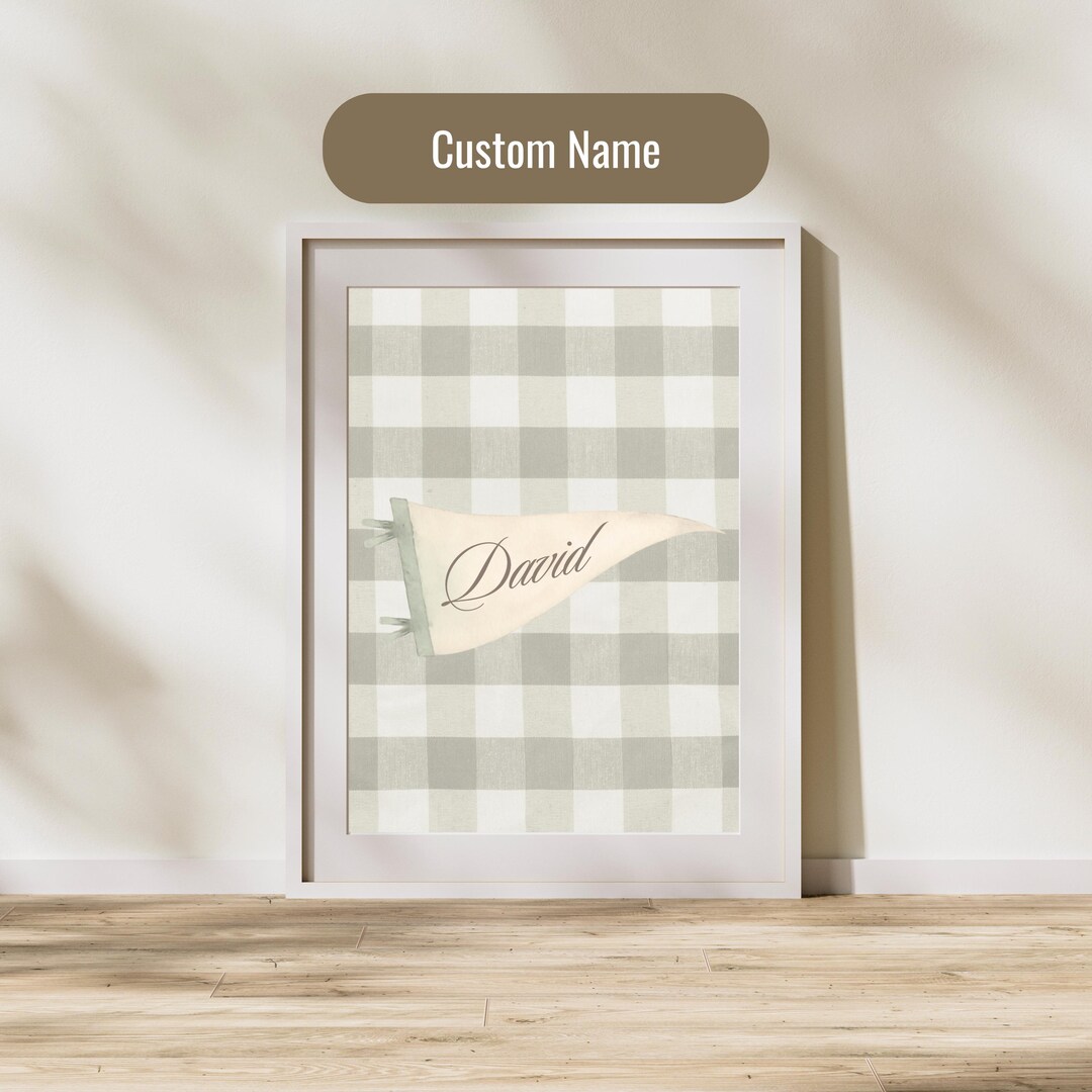 Neutral Gingham Name Flag - Personalized Pennant Print - Vintage ...