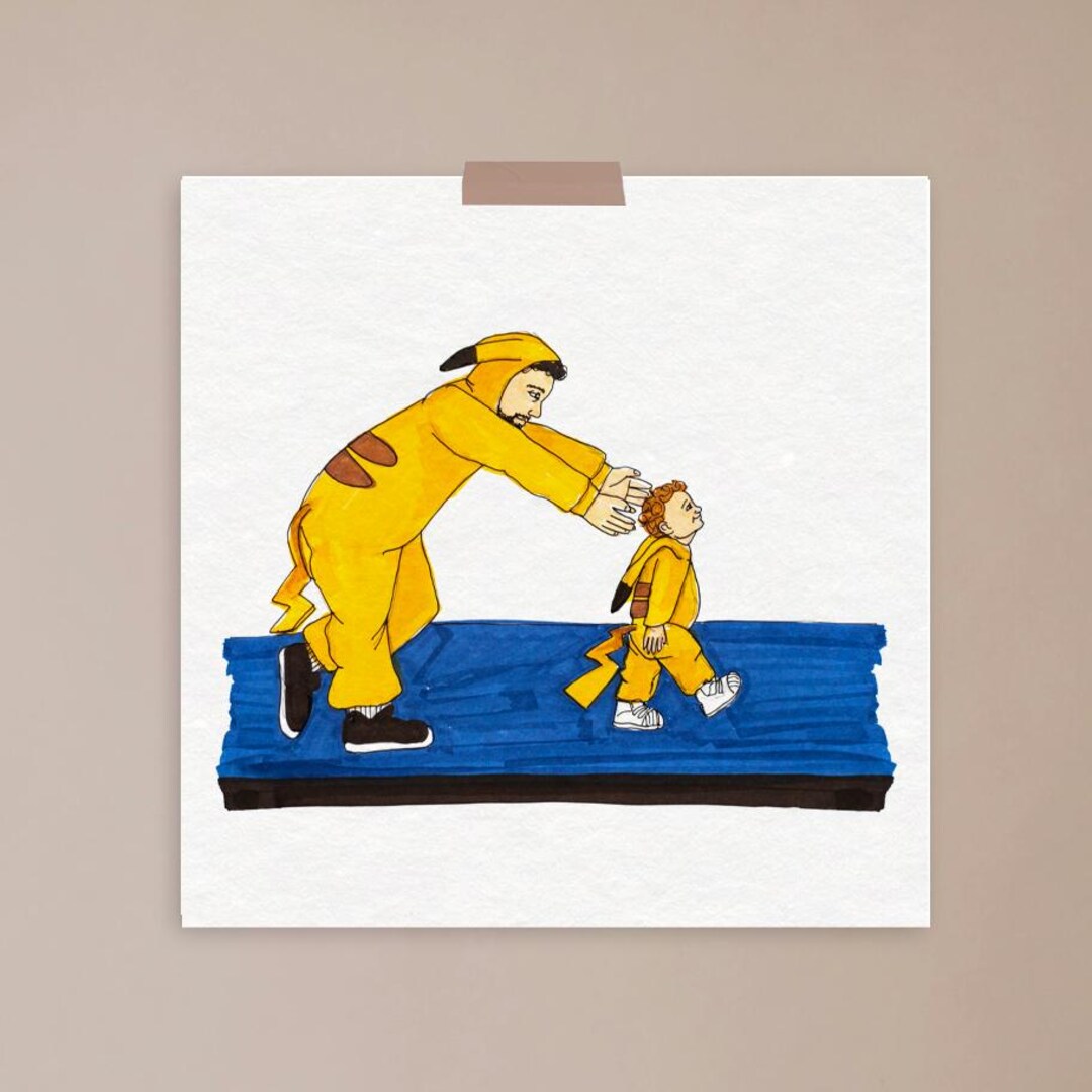 Father Chasing Son Pikachu, Dad Illustration, Fatherhood, Wall Art, Art ...