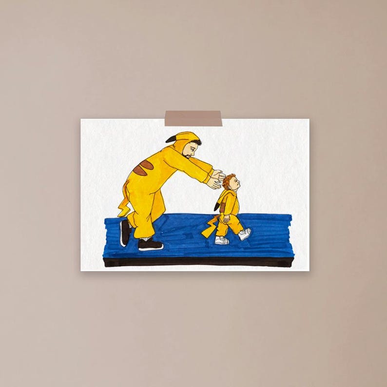 Father Chasing Son Pikachu, Dad Illustration, Fatherhood, Wall Art, Art ...