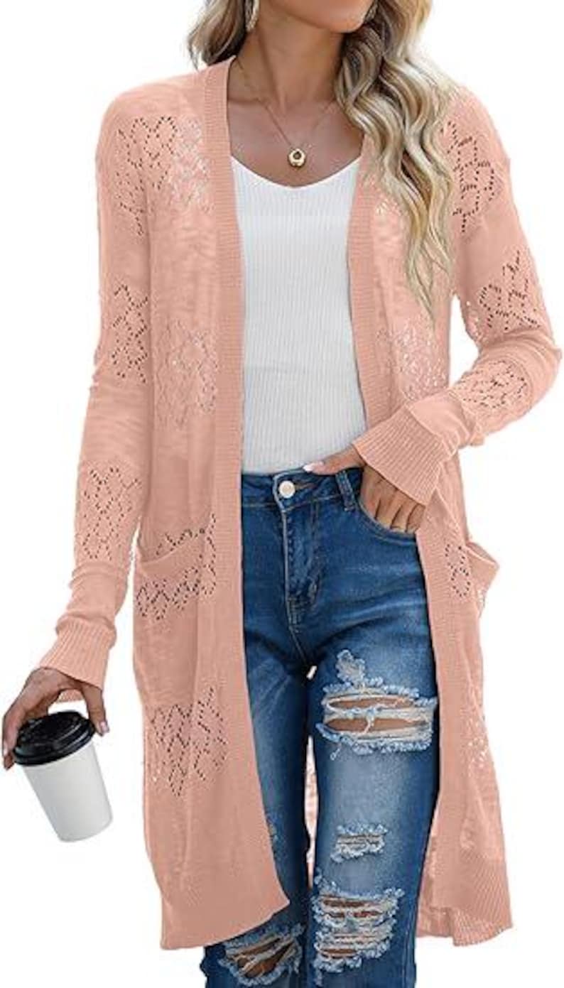 Crochet White Cardigan for Women, Long Sleeve Open Front Sweater ...